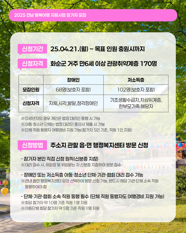 전라남도 화순군, 관광취약계층 170명에게 힐링여행 선물